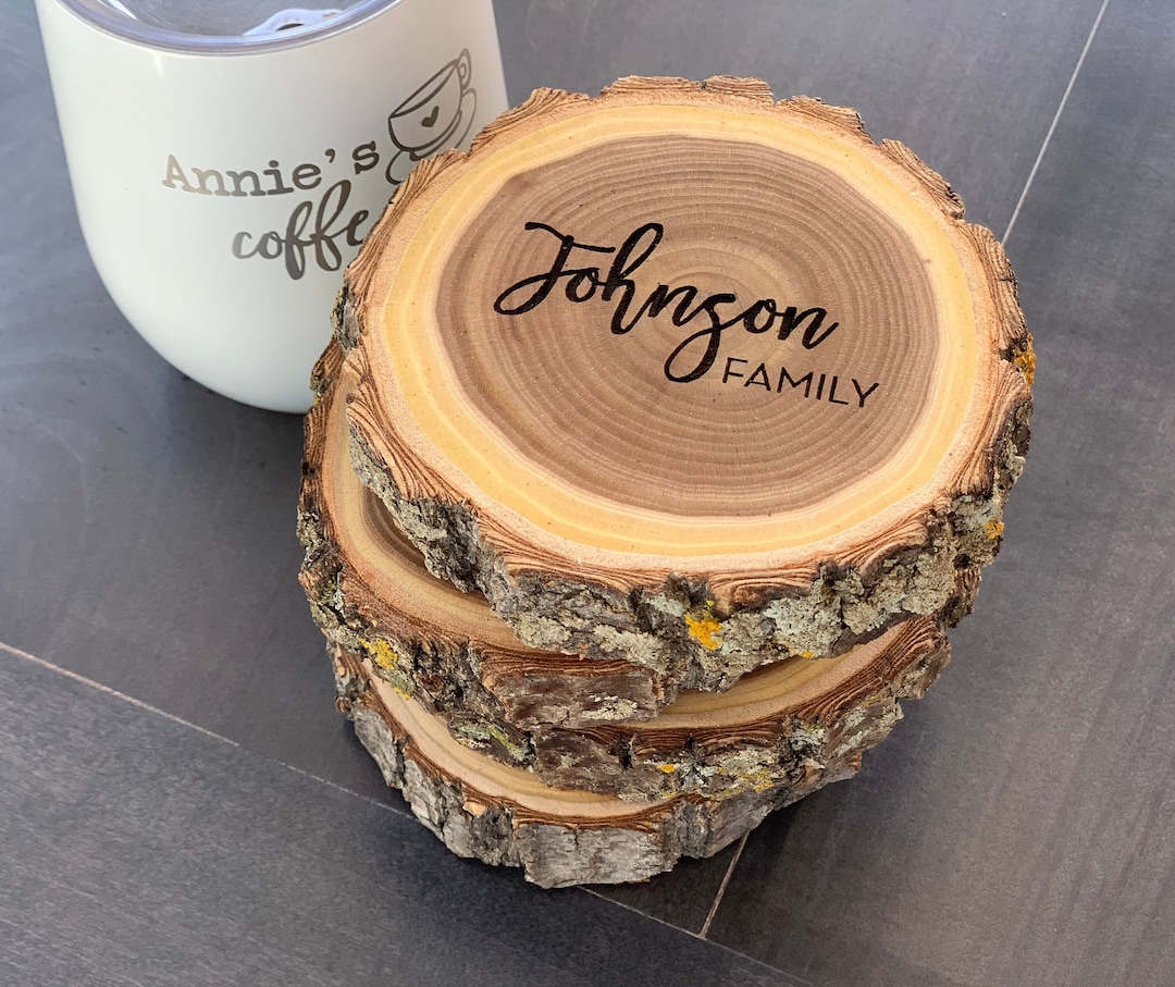 Gifts for the Family Personalized Log Coasters, Rustic Coasters Set of ...