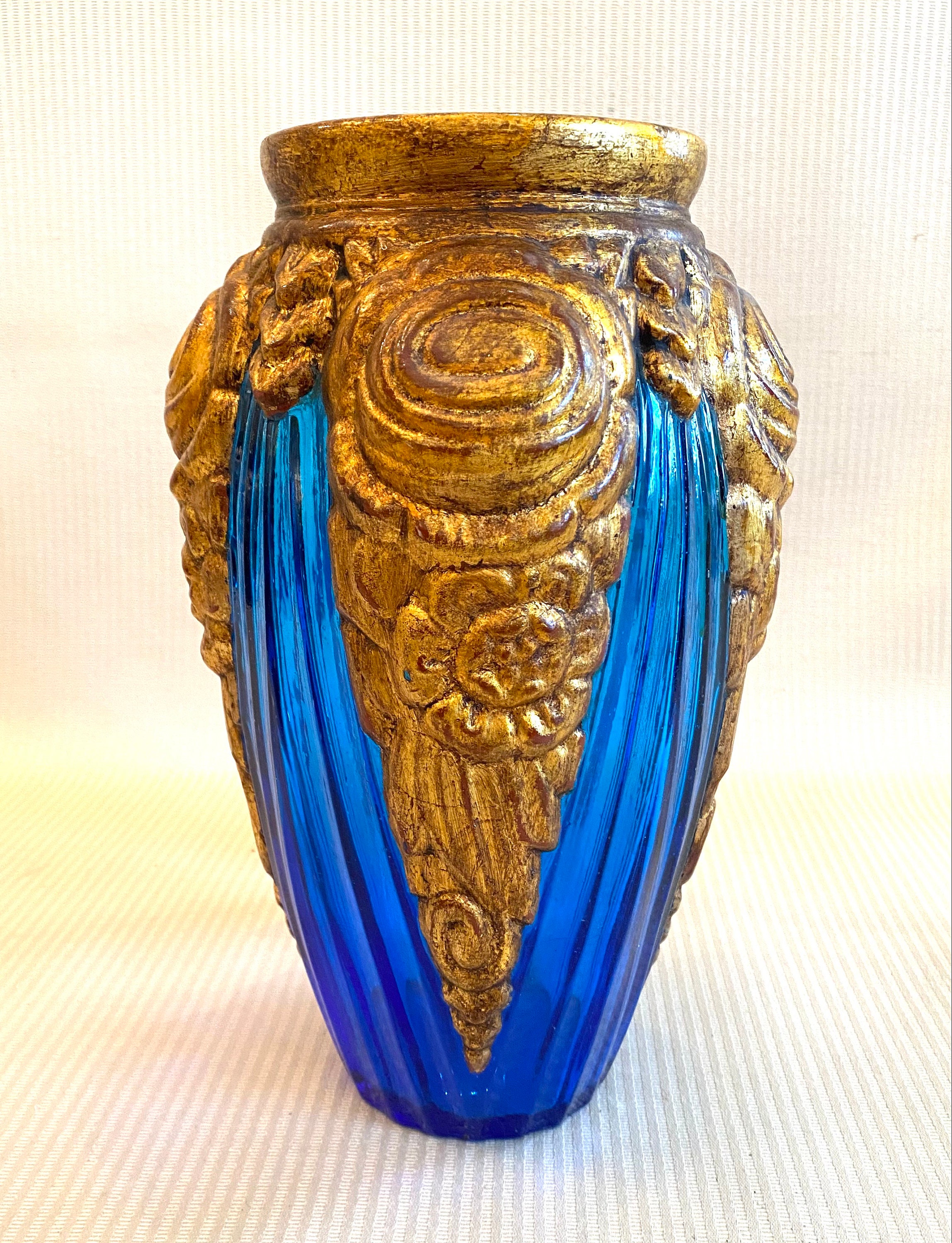 Blue and Gold Art Deco Vase With Raised Gilded Floral Decoration-on ...