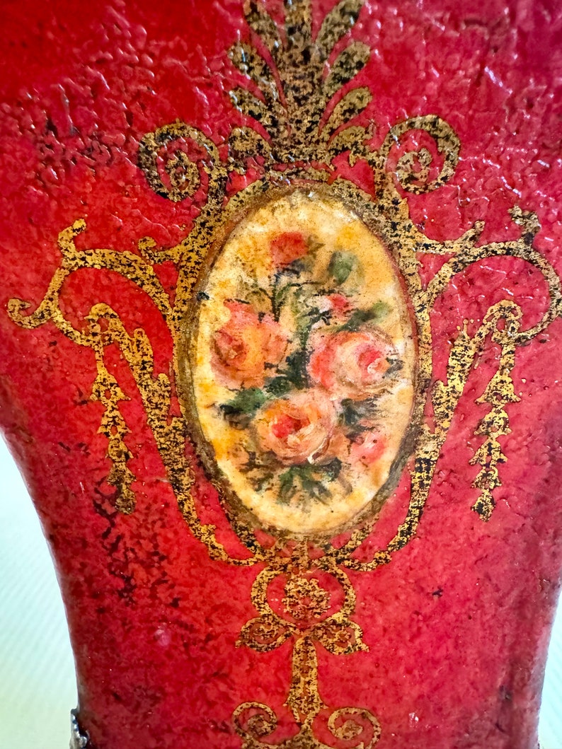 Red-and-gold-tole-vases-with-floral-ovals - Etsy