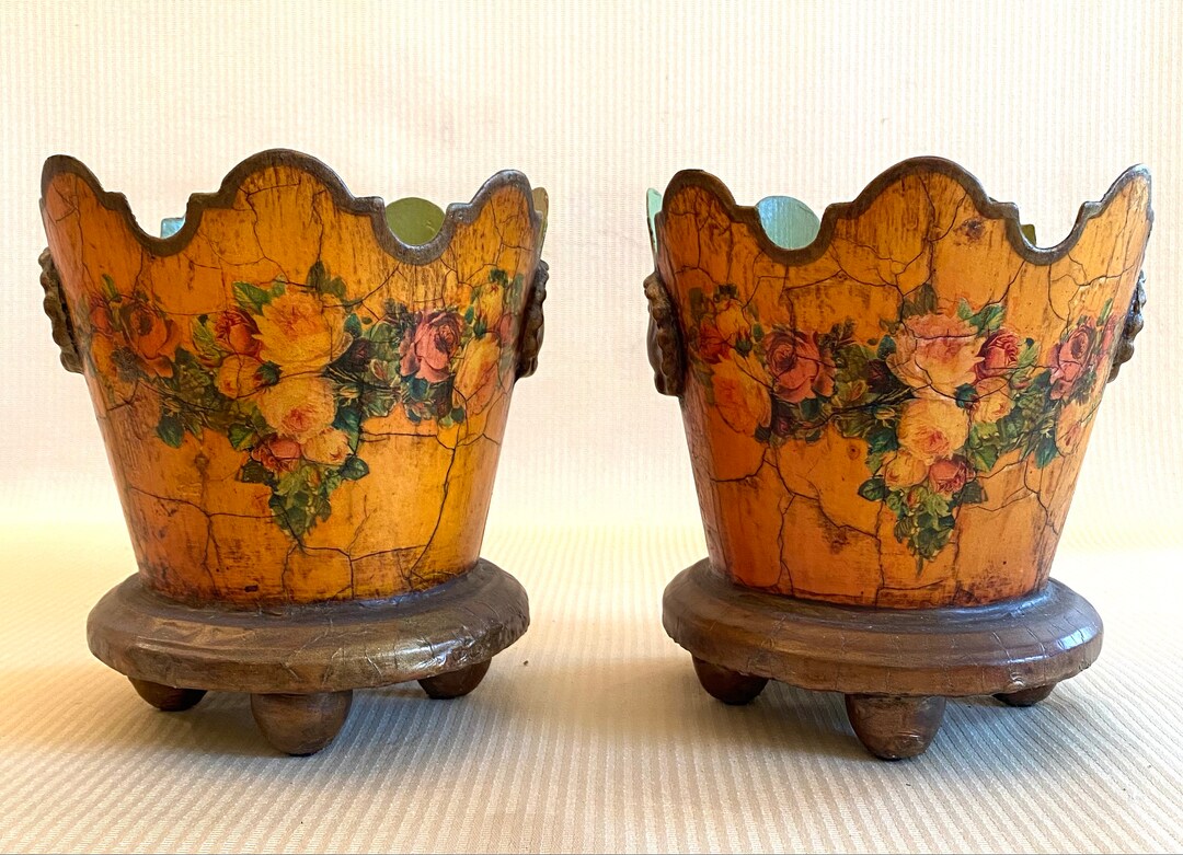 Tole Yellow Planters-with Rose Garlands-gilt Shell Trim-and Scalloped ...