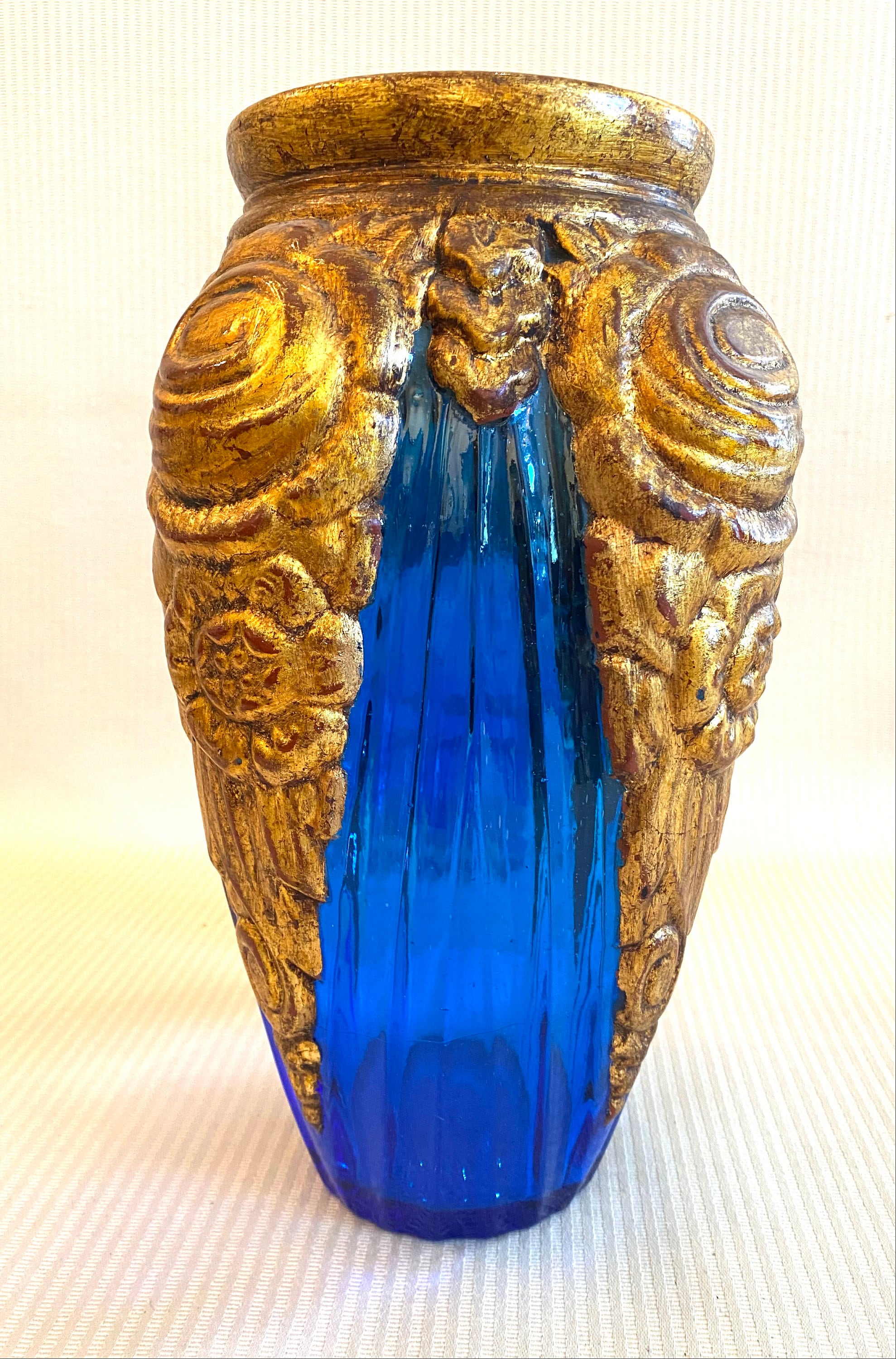 Blue and Gold Art Deco Vase With Raised Gilded Floral Decoration-on ...