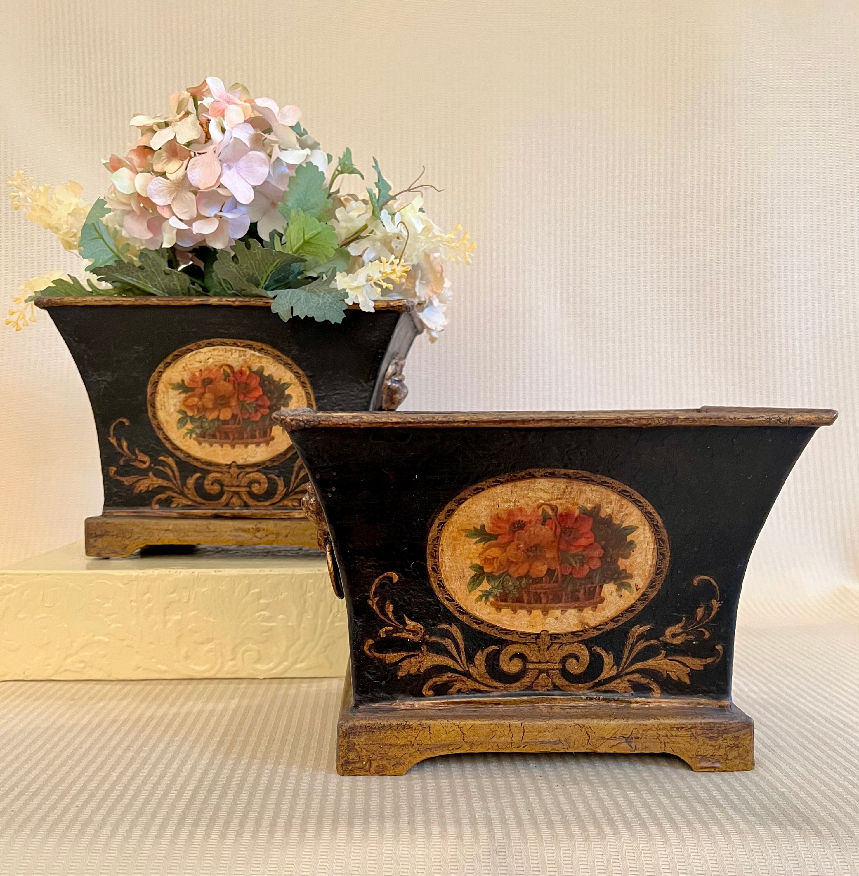 Tole Black and Gold Planters With Flower Baskets - Etsy