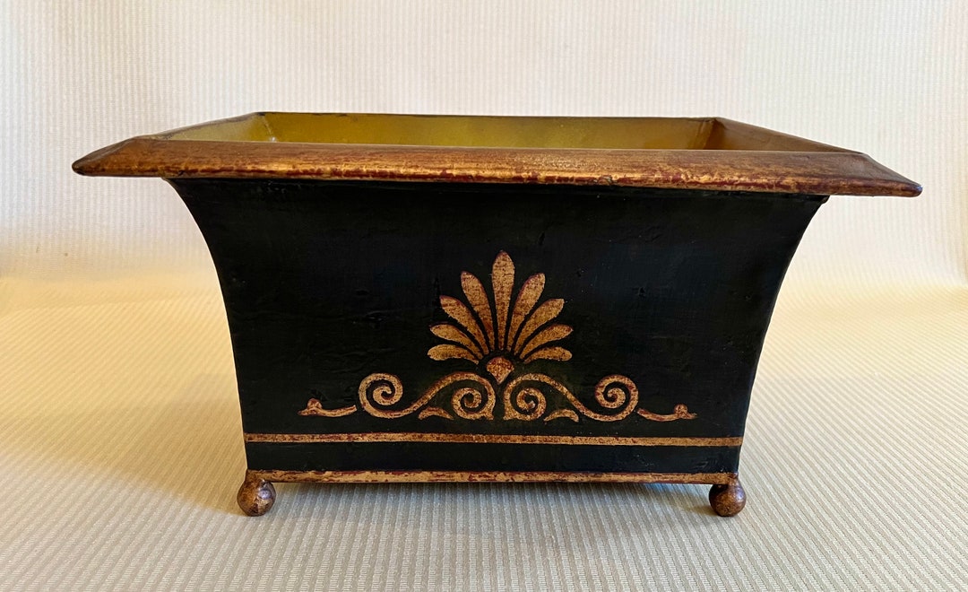 Tole Black and Gold Palmette Planter-with Palm and Scroll Decorations ...