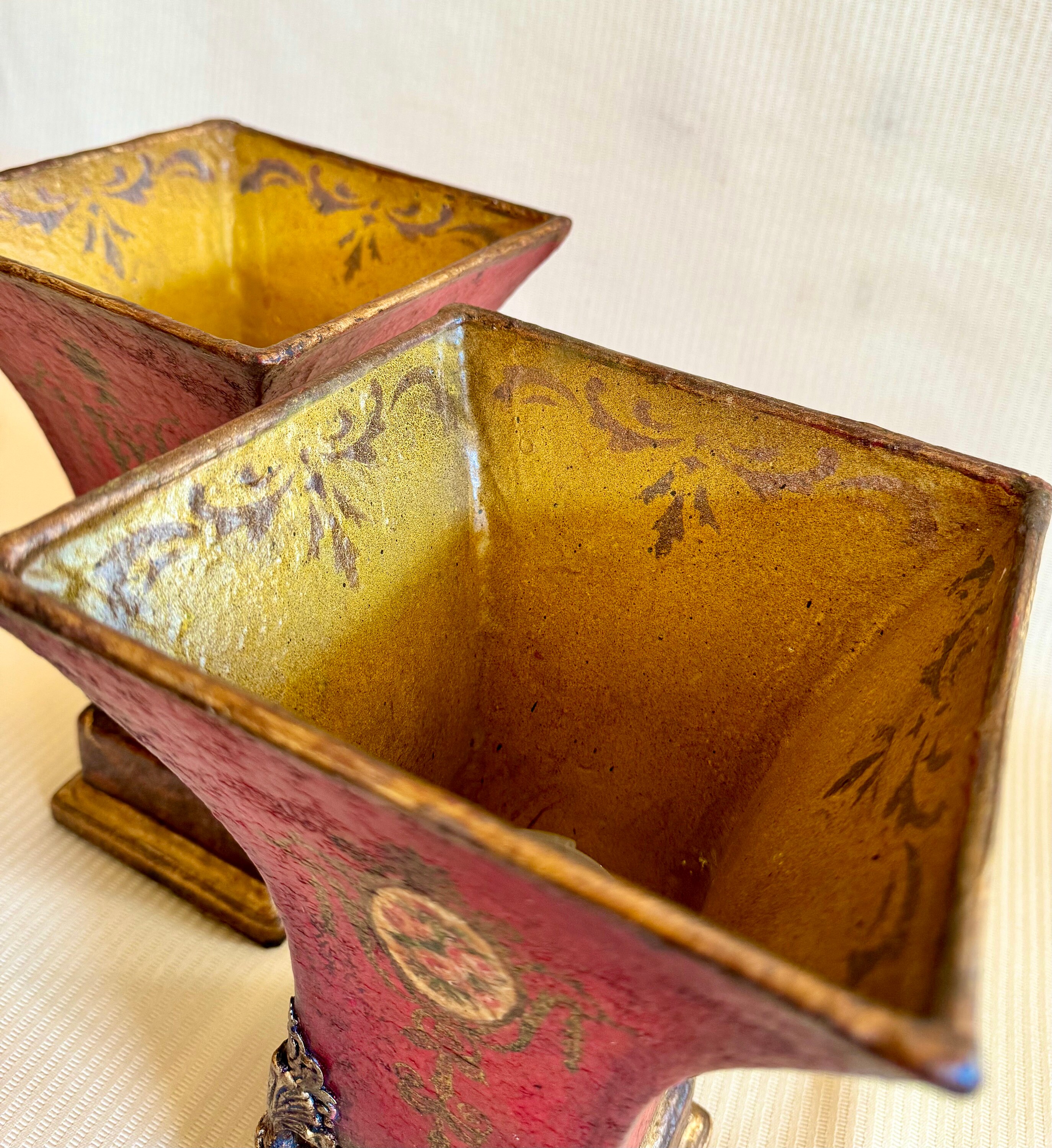 Red-and-gold-tole-vases-with-floral-ovals - Etsy
