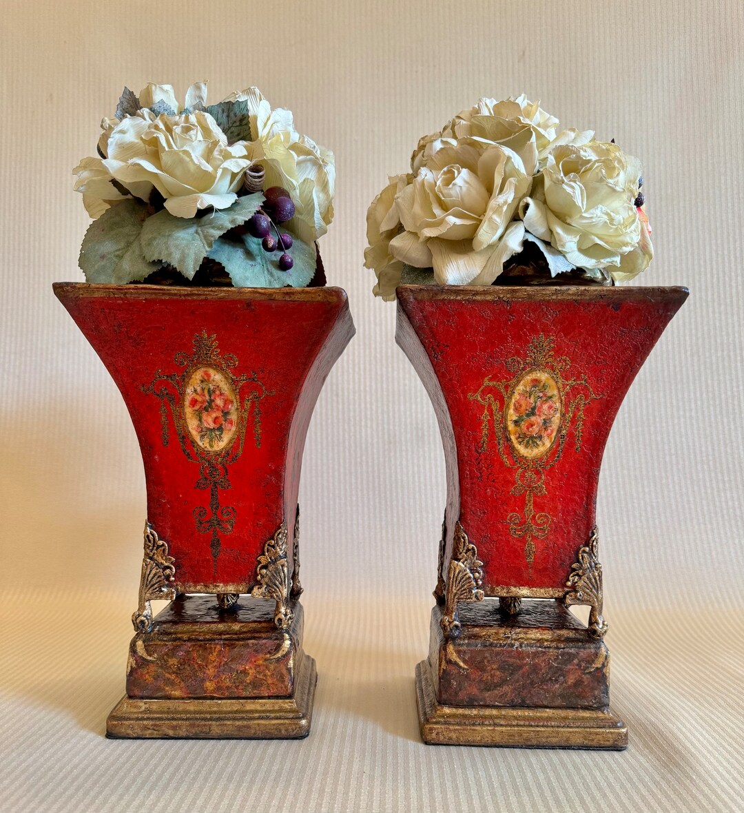 Red-and-gold-tole-vases-with-floral-ovals - Etsy