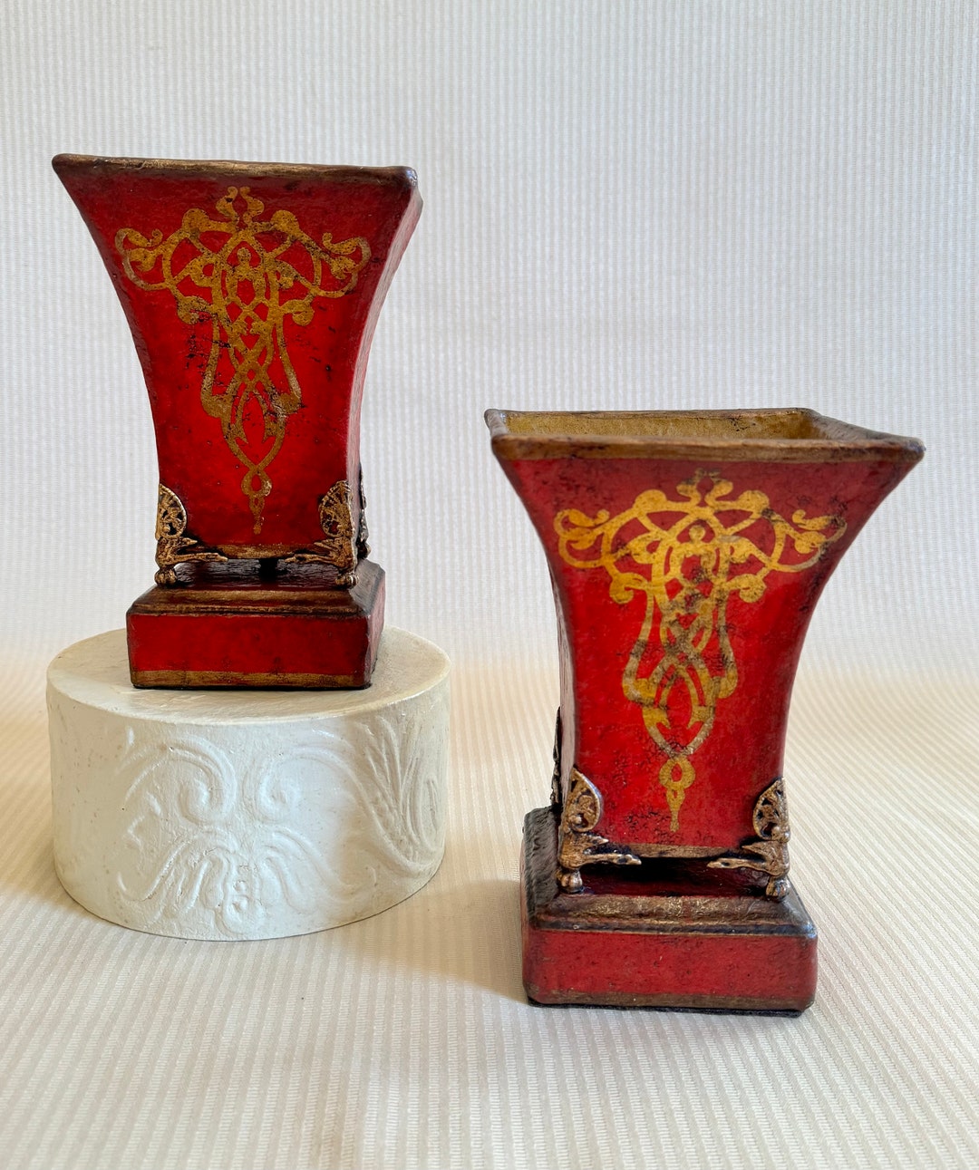 Red-and-gold-tole-flared-vases-on-bases - Etsy
