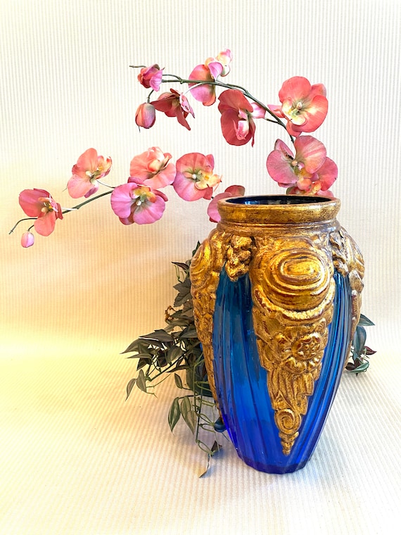 Blue and Gold Art Deco Vase With Raised Gilded Floral | Etsy