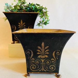1. Tole Black and Gold Pair of Planters-with Gold Palm Decoration-for ...