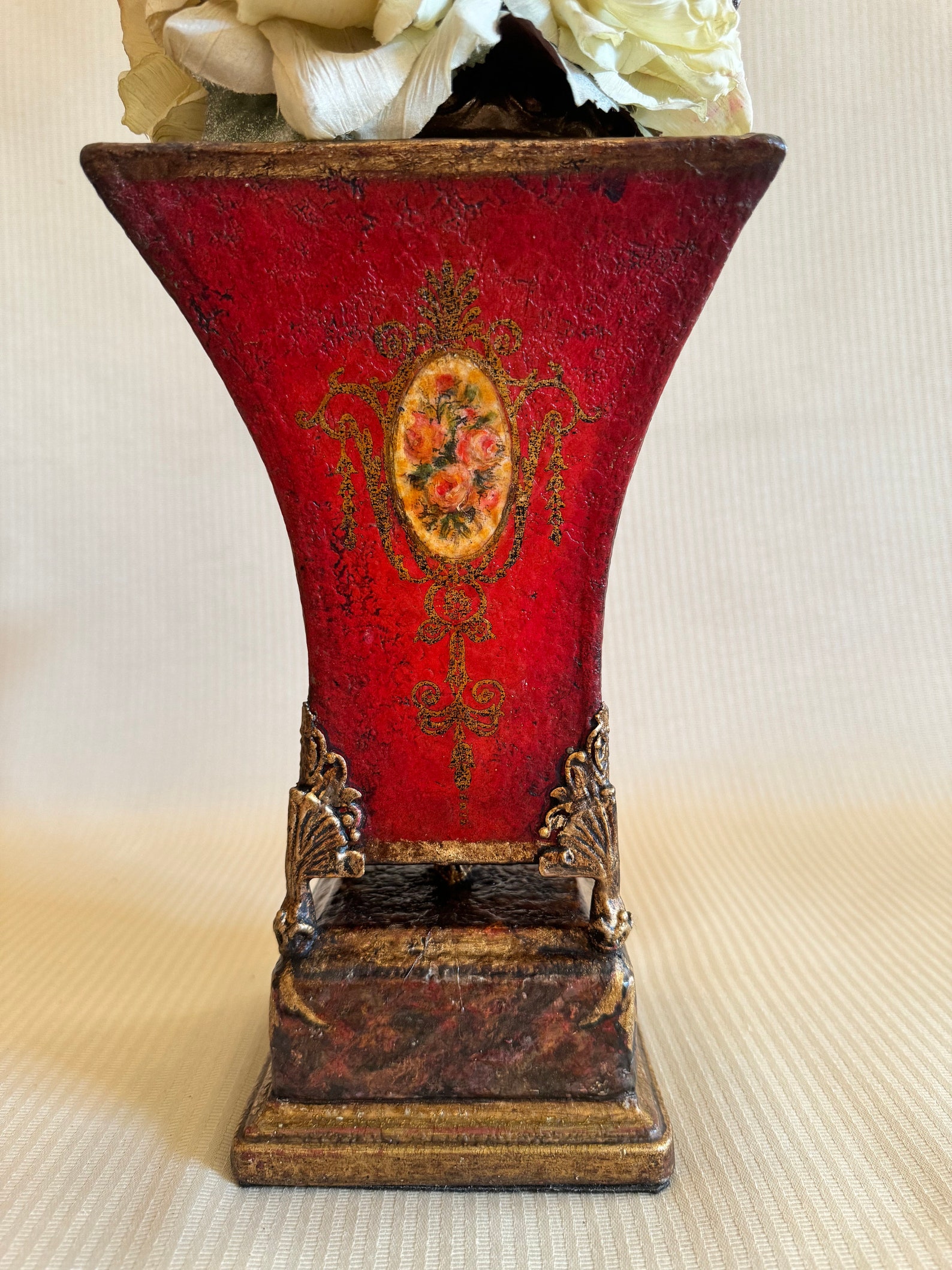Red-and-gold-tole-vases-with-floral-ovals - Etsy
