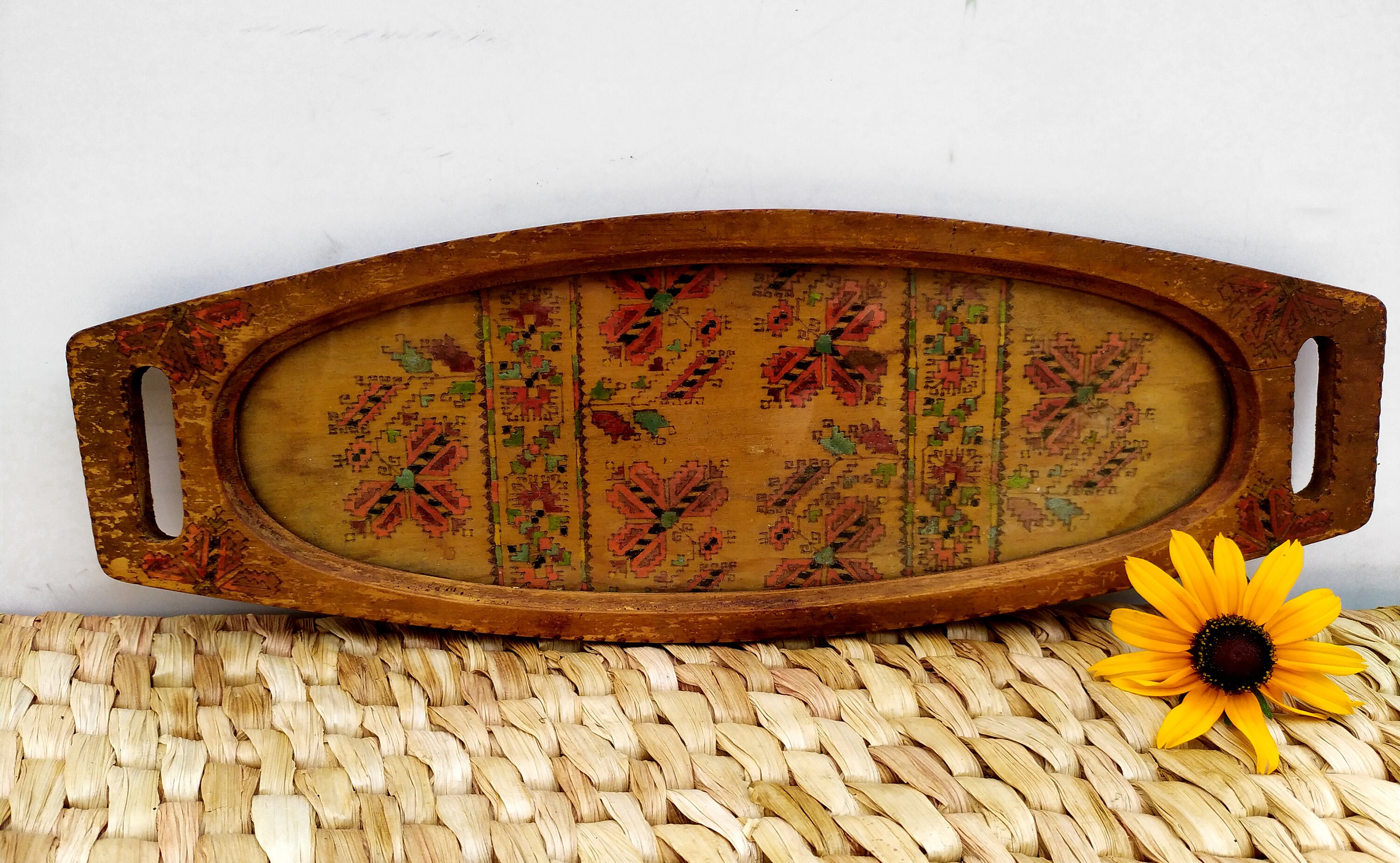 Antique Wooden Serving Tray Hand Painted Tray Glass Top Serving Tray ...