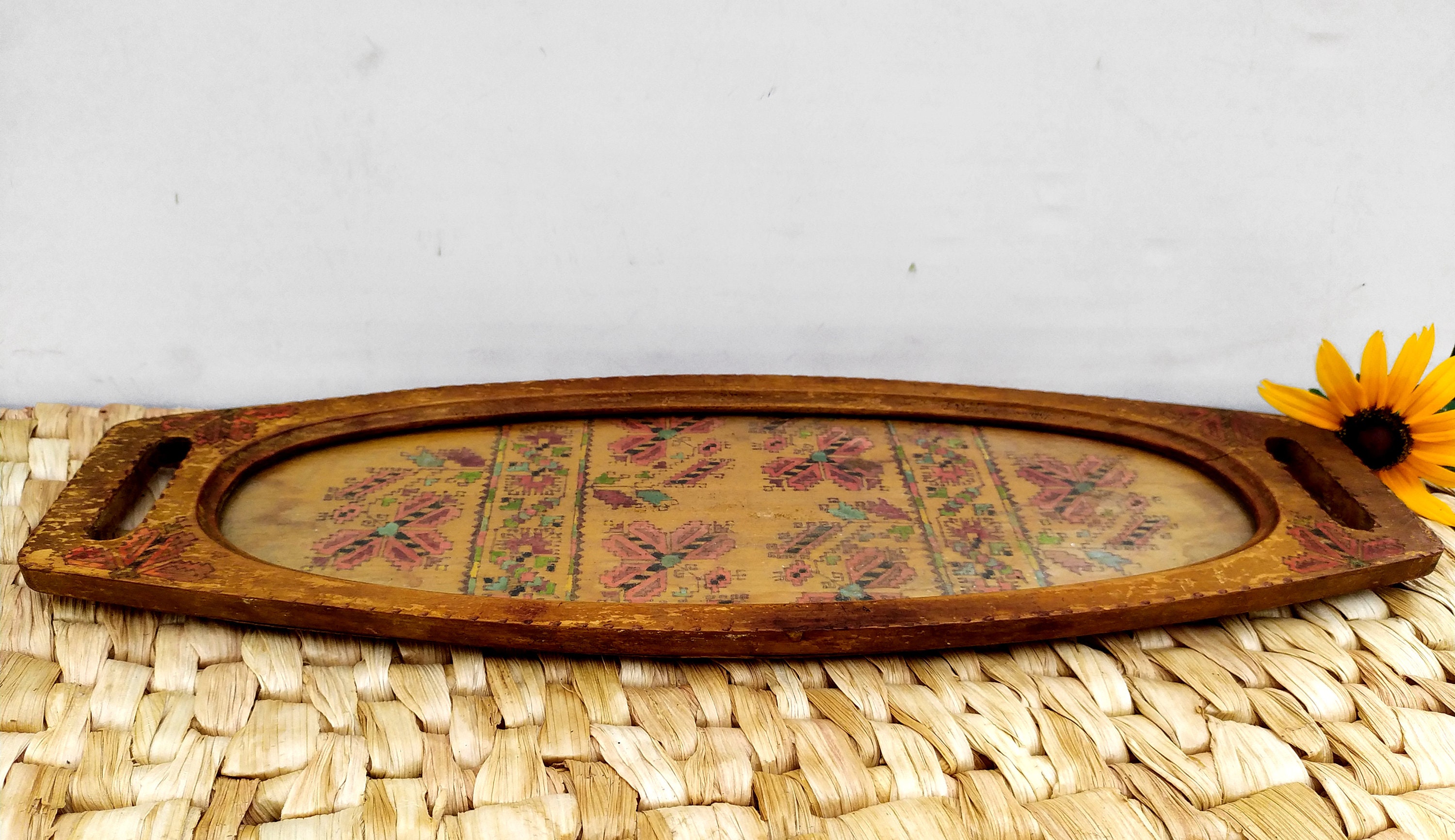 Antique Wooden Serving Tray Hand Painted Tray Glass Top Serving Tray ...