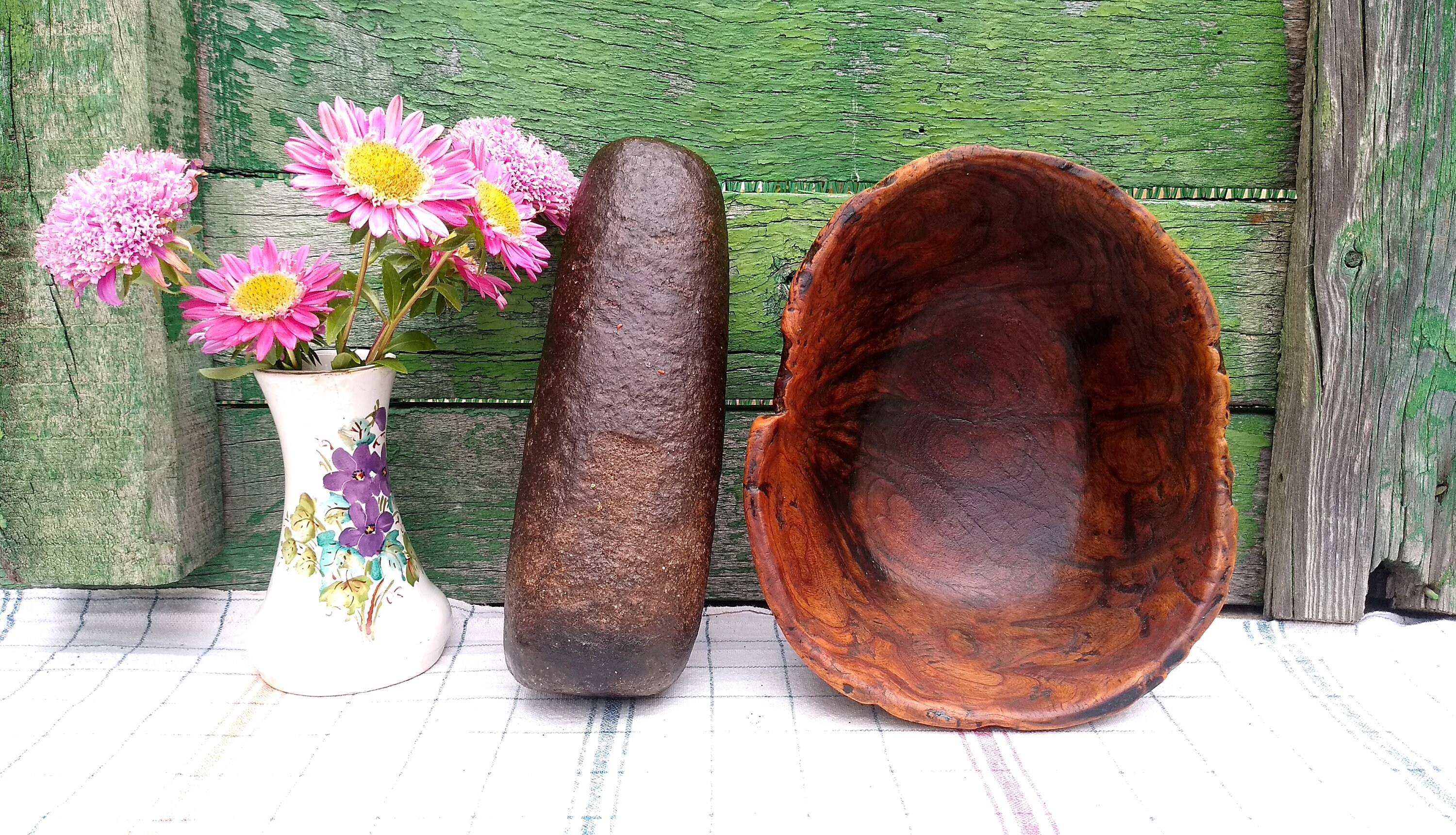Early Antique Primitive Ext. Rare Wooden Mortar With Black Stone Pestle ...