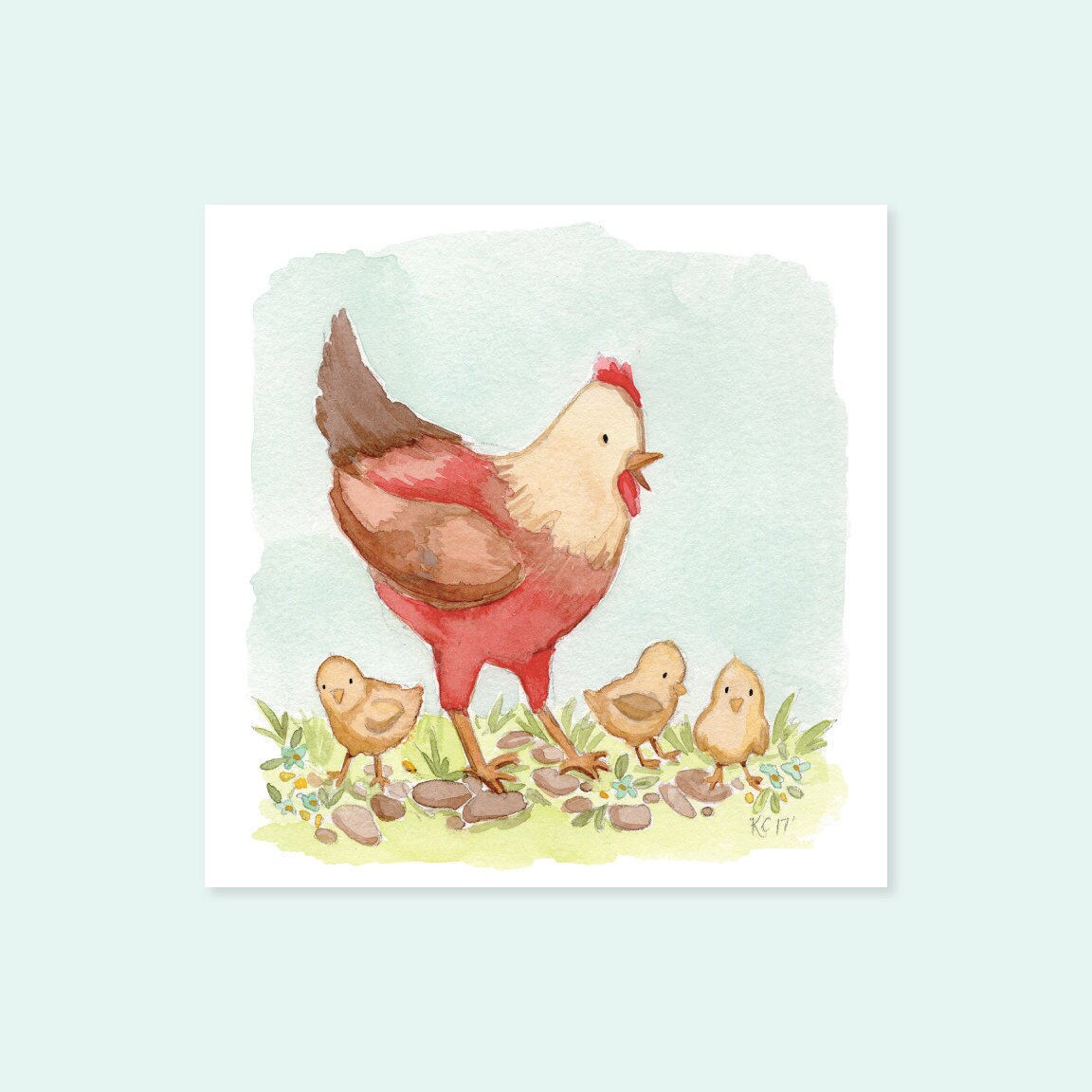 Cute Illustrated Mother Hen & Chicks Watercolor Art Print | Etsy