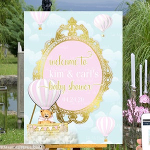 EDITABLE Pink Hot Air Balloon Welcome Sign Door Tag up up and Away Baby ...