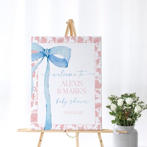 EDITABLE Blue Bow Welcome Sign for Baby Shower Pink Chinoiserie Baby ...