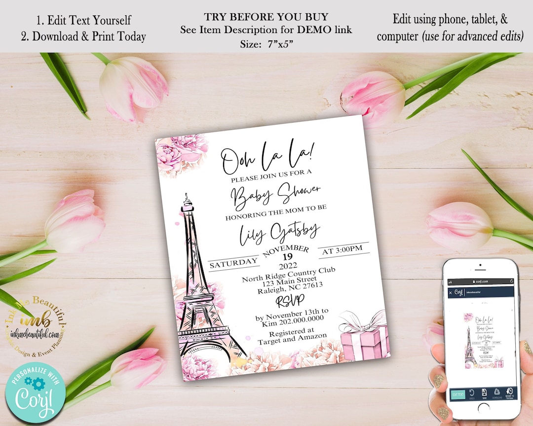 EDITABLE Paris Theme Invitation Baby | 1st Birthday | Baby Shower ...