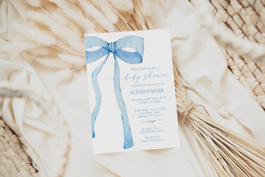 EDITABLE Blue Bow Invitation for Baby Shower Invite , Minimalist Baby ...