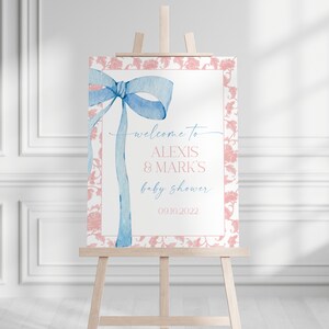 EDITABLE Blue Bow Welcome Sign for Baby Shower Pink Chinoiserie Baby ...