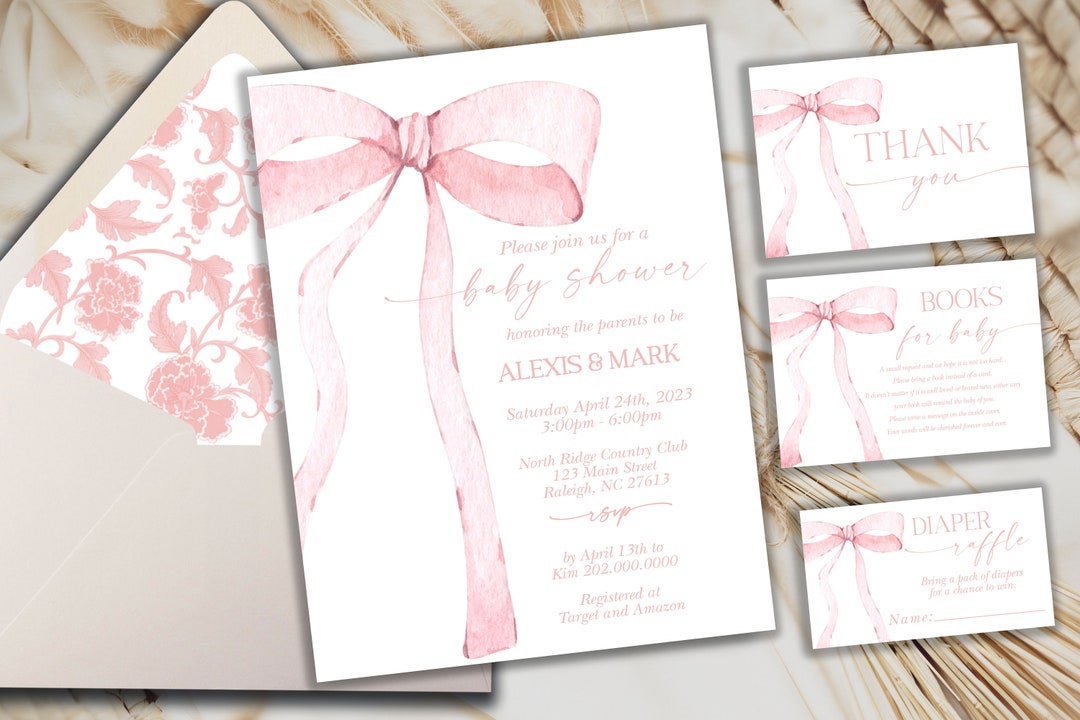 EDITABLE Pink Bow Invitation for Baby Shower, Minimalist Baby Shower ...