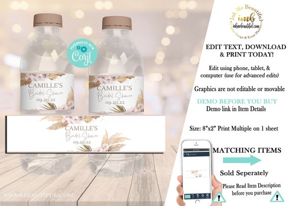 Editable Pampas Water Bottle Label | Bohemian | Bridal Shower ...
