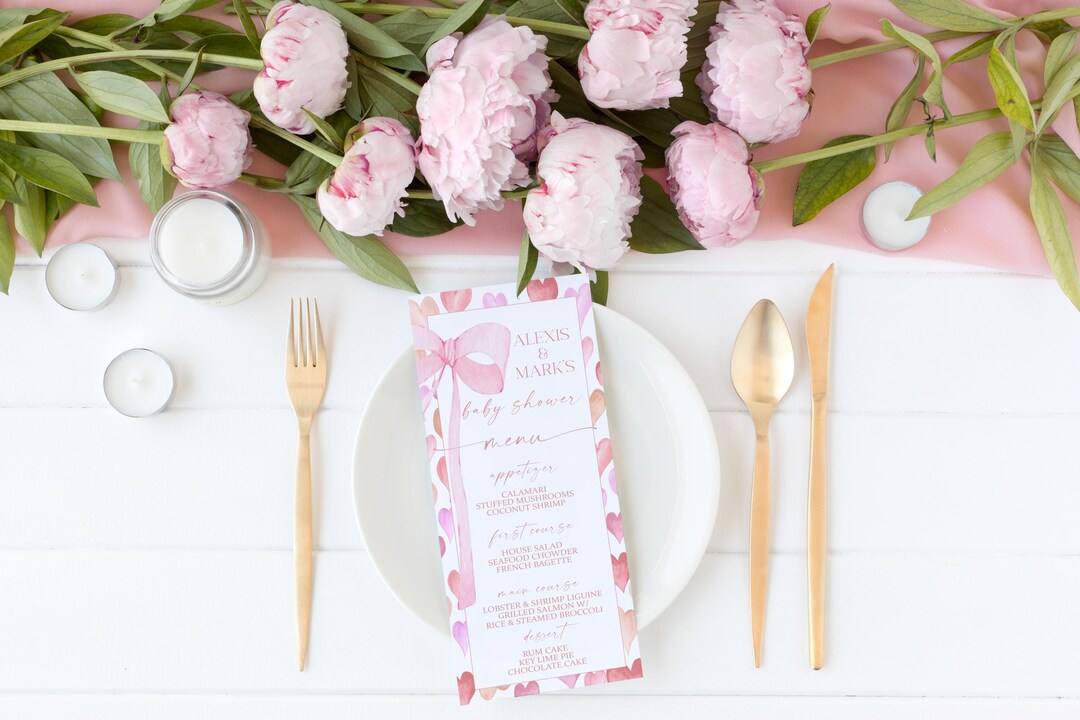 EDITABLE Pink Bow Menu for Baby Shower, Minimalist Baby Shower Pink ...