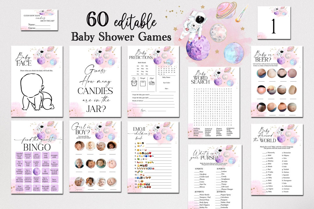 EDITABLE Girl Galaxy Baby Shower Games Bundle Outer Space Baby Shower ...