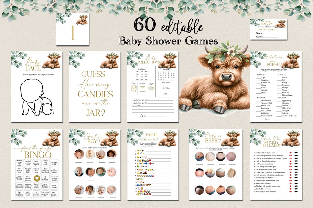 EDITABLE Boho Highland Cow Baby Shower Games Bundle Holy Cow Games Pack ...