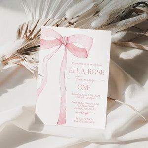 EDITABLE Pink Bow Invitation for Birthday 1st Birthday Minimalist Pink ...
