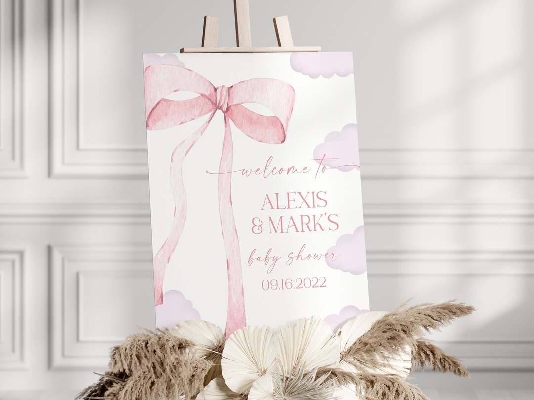 EDITABLE Pink Bow Cloud Welcome Sign for Baby Shower Pink Watercolor ...