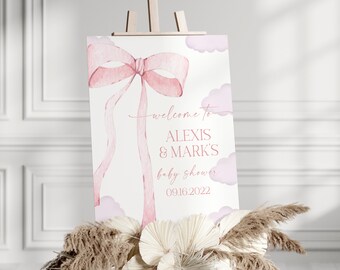 Pink Bow Welcome Sign for Baby Shower Editable, Minimalist Baby Shower ...