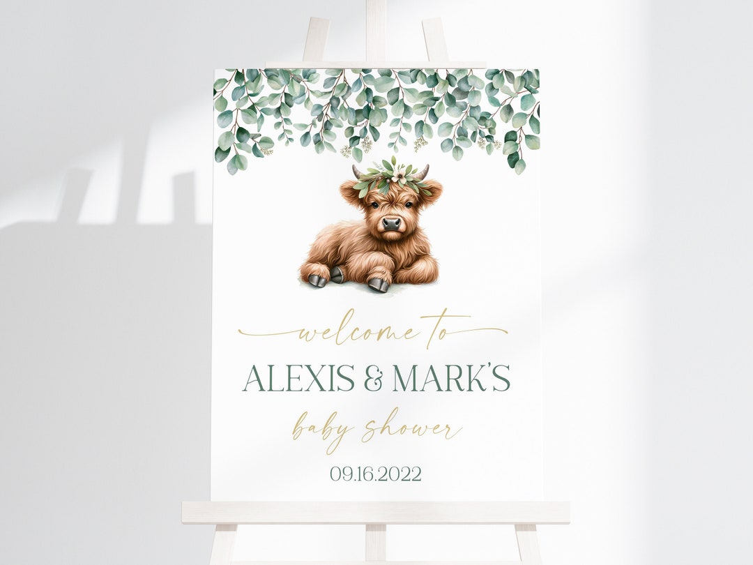 Editable Highland Cow Baby Shower Welcome Sign, Greenery (digital ...