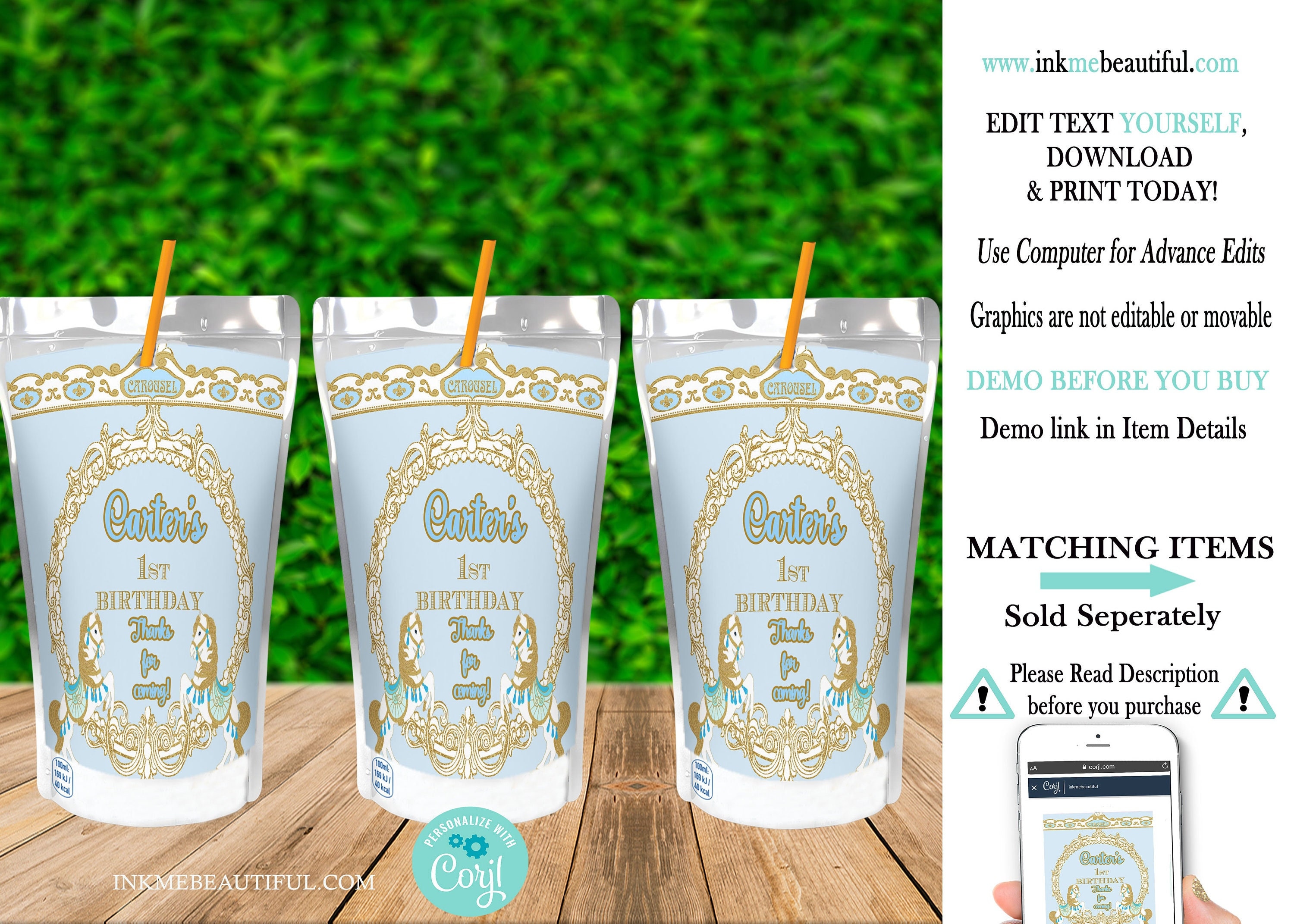 EDITABLE Blue Carousel Juice Label | Blue Carnival Theme | Carousel ...