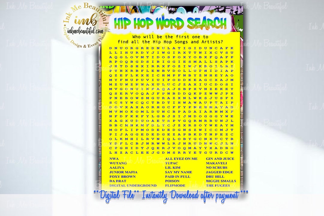 DIGITAL FILE Hip Hop Word Search, Hip Hop Baby Shower, 5x7, Hip Hop ...