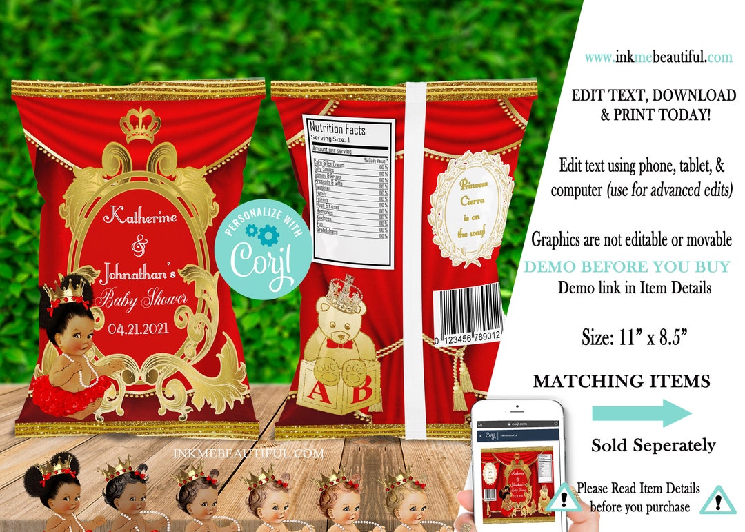 EDITABLE | Red Royal Chip Bag | Royal Red Baby Shower | A Princess is ...