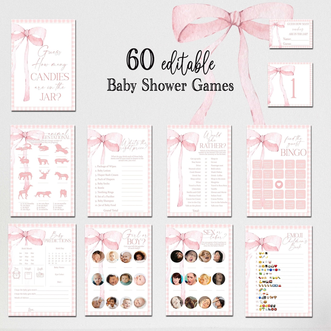 EDITABLE Pink Gingham Baby Shower Games Bundle, Minimalist Baby Shower ...