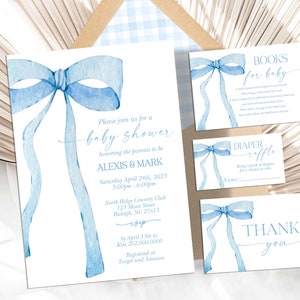 EDITABLE Blue Bow Invitation for Baby Shower Invite Bundle, Minimalist ...