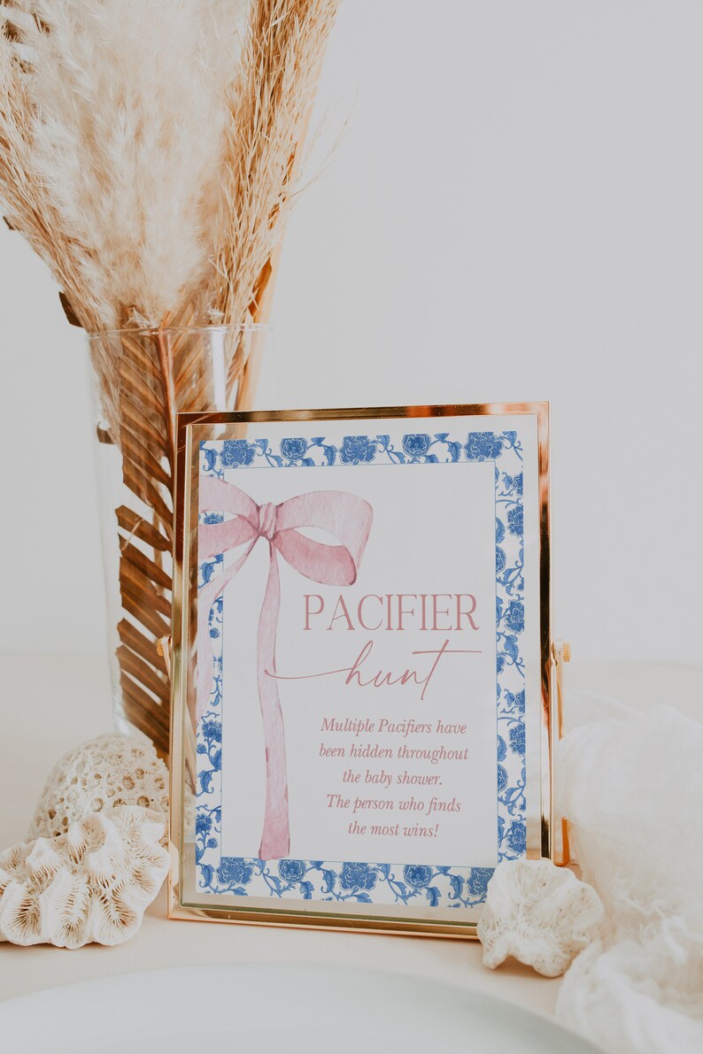 Digital File Pink Bow Pacifier Hunt Sign | Blue Chinoiserie Baby Shower ...