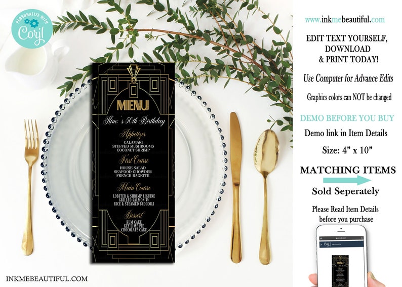 EDITABLE Roaring 20s Menu Gatsby Theme Art Deco Corjl - Etsy
