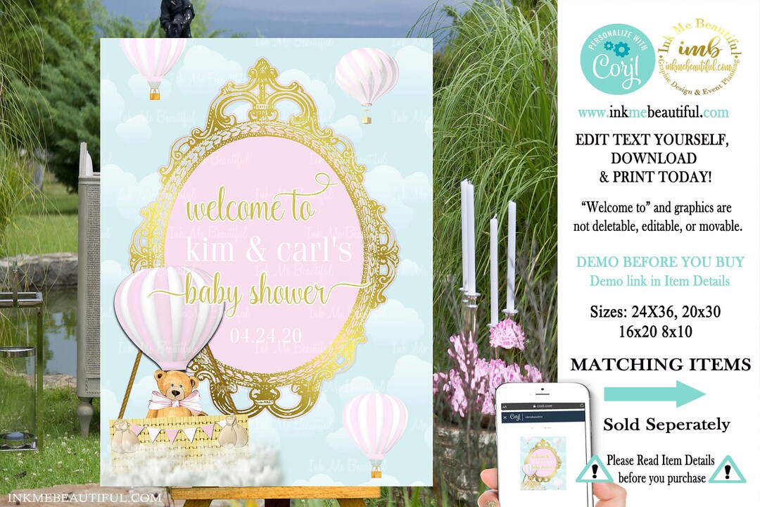 EDITABLE | Pink Hot Air Balloon Welcome Sign | Door Tag | up up and ...