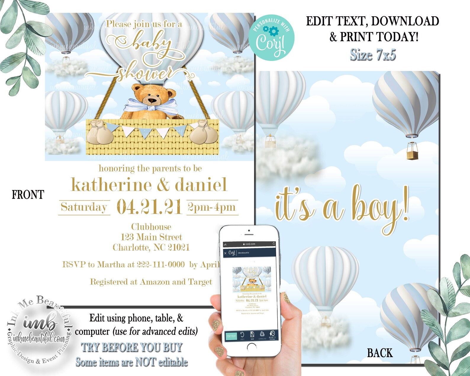 EDITABLE | Blue Hot Air Balloon Invite | Invitation | up up and Away ...