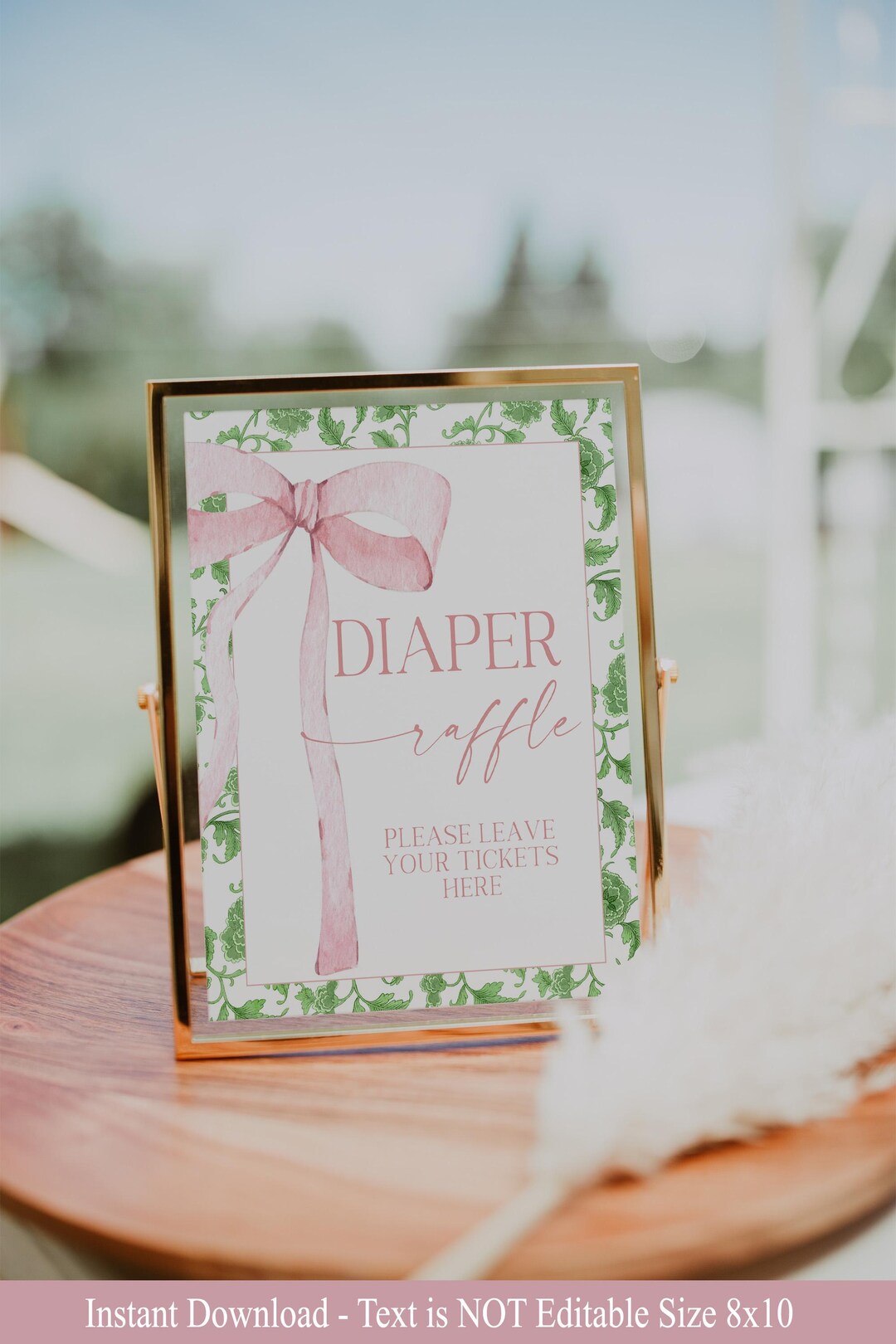 Digital File Pink Bow Diaper Raffle Sign Pink and Green Chinoiserie ...