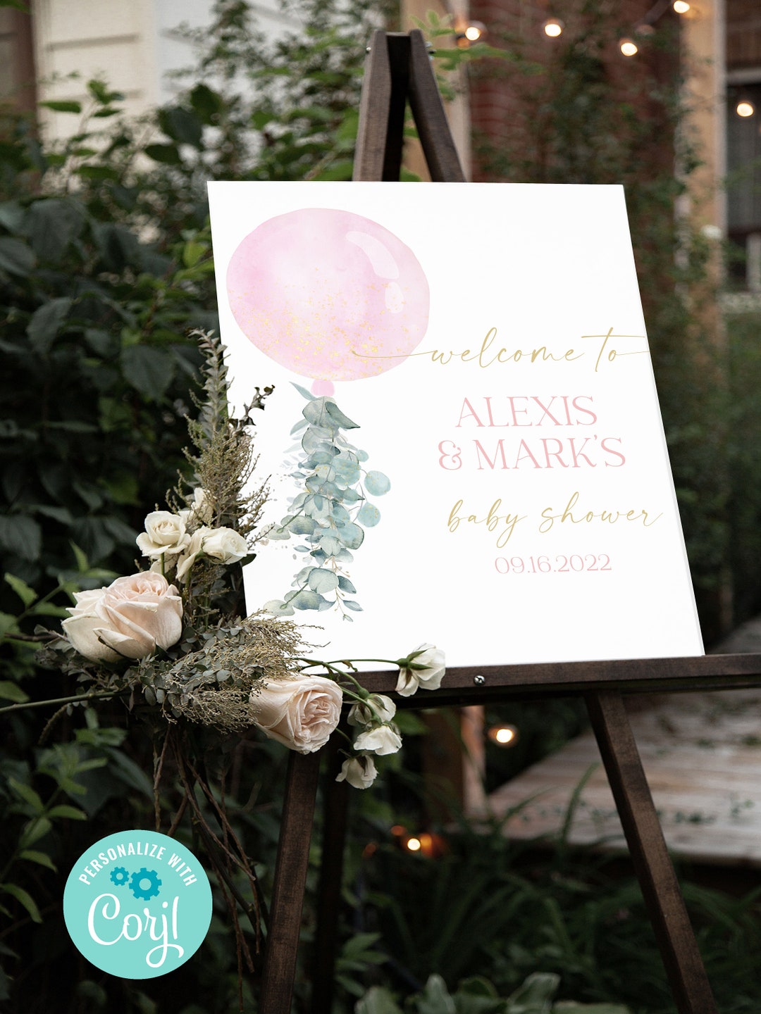 EDITABLE Greenery Pink Balloon Welcome Sign for Baby Shower Minimalist ...