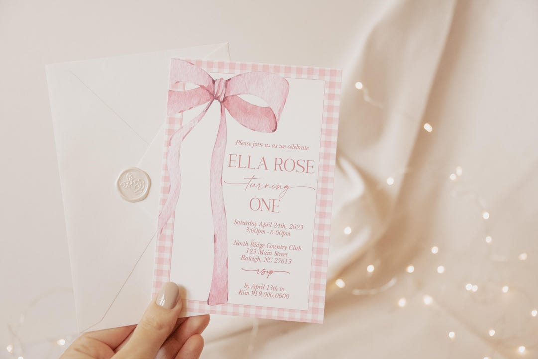 EDITABLE Pink Bow Invitation for Birthday 1st Birthday Minimalist Pink ...