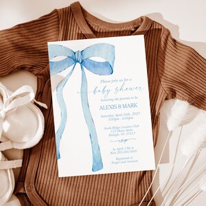 EDITABLE Blue Bow Invitation for Baby Shower Invite , Minimalist Baby ...