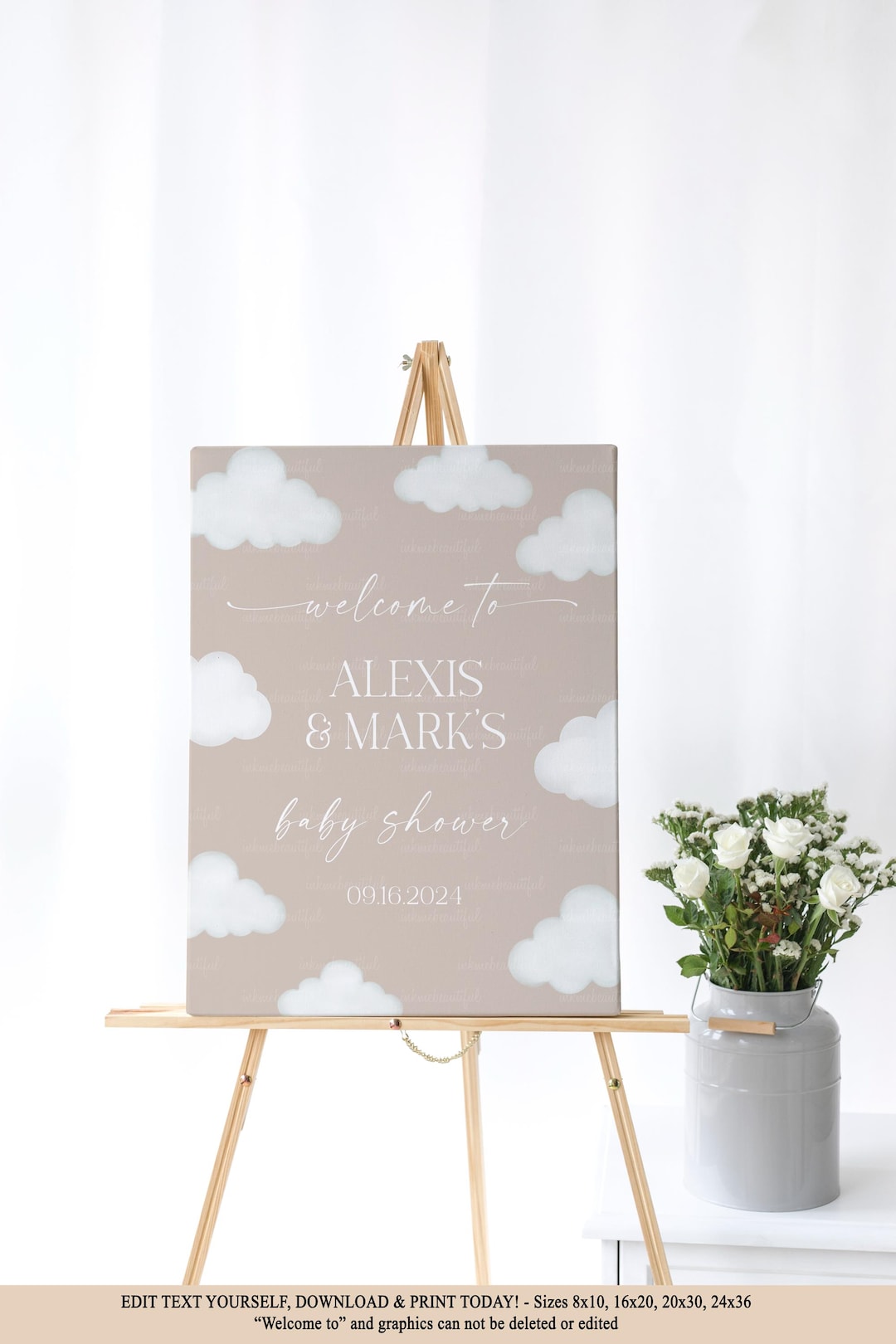 EDITABLE Tan Cloud Nine Welcome Sign for Baby Shower, Modern Minimalist ...