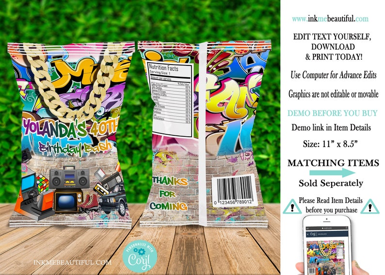 EDITABLE Hip Hop Chip Bag Throwback Birthday Party 90s - Etsy
