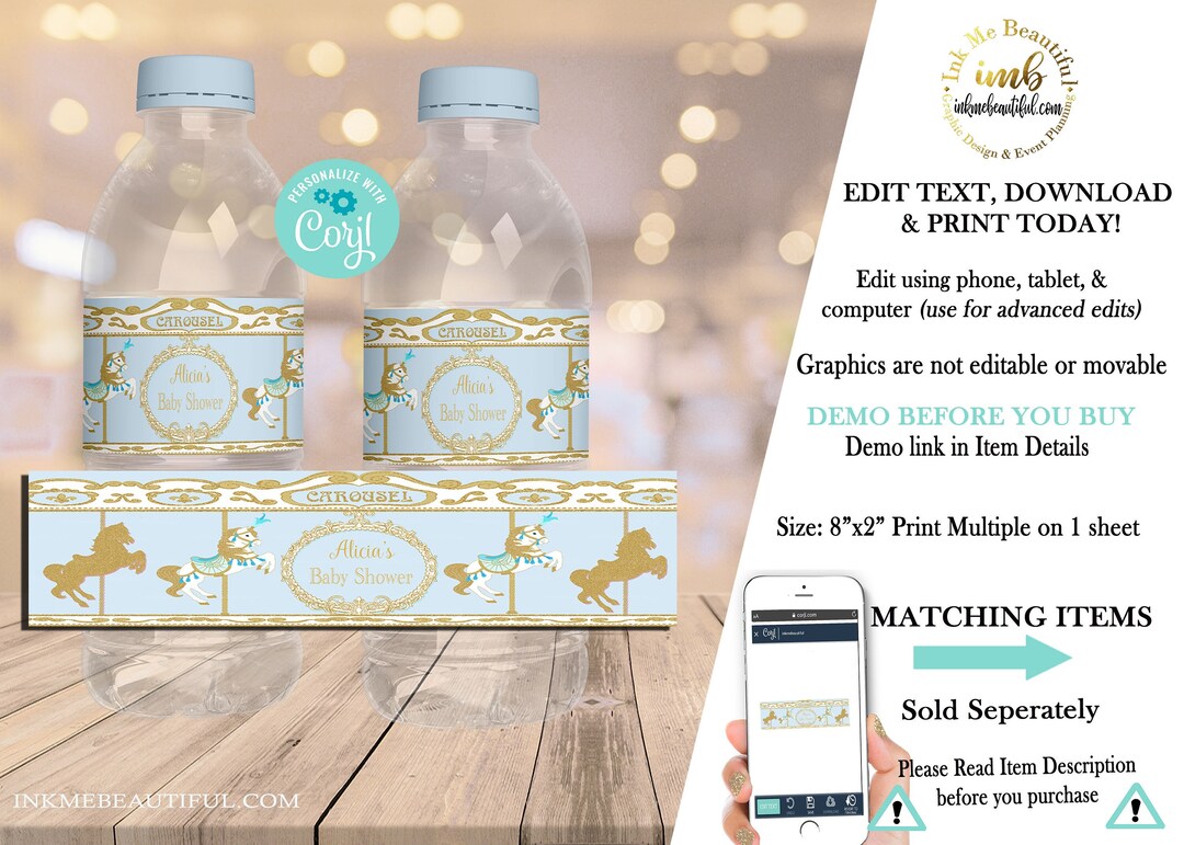 EDITABLE Blue and Gold Carousel Water Bottle Label | Carousel Theme ...