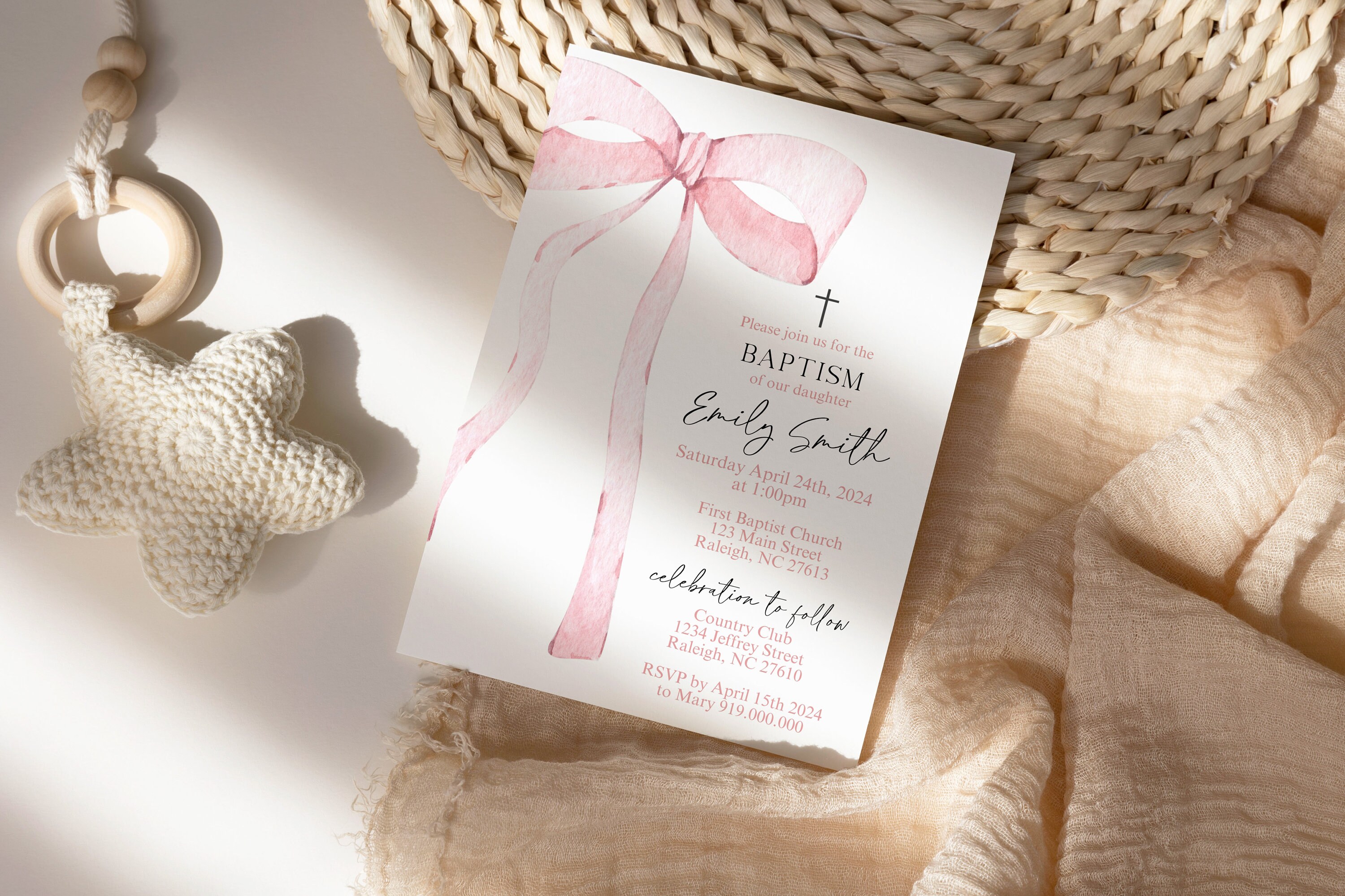 EDITABLE Pink Bow Baptism Invitation, Holy Communion Christening Invite ...