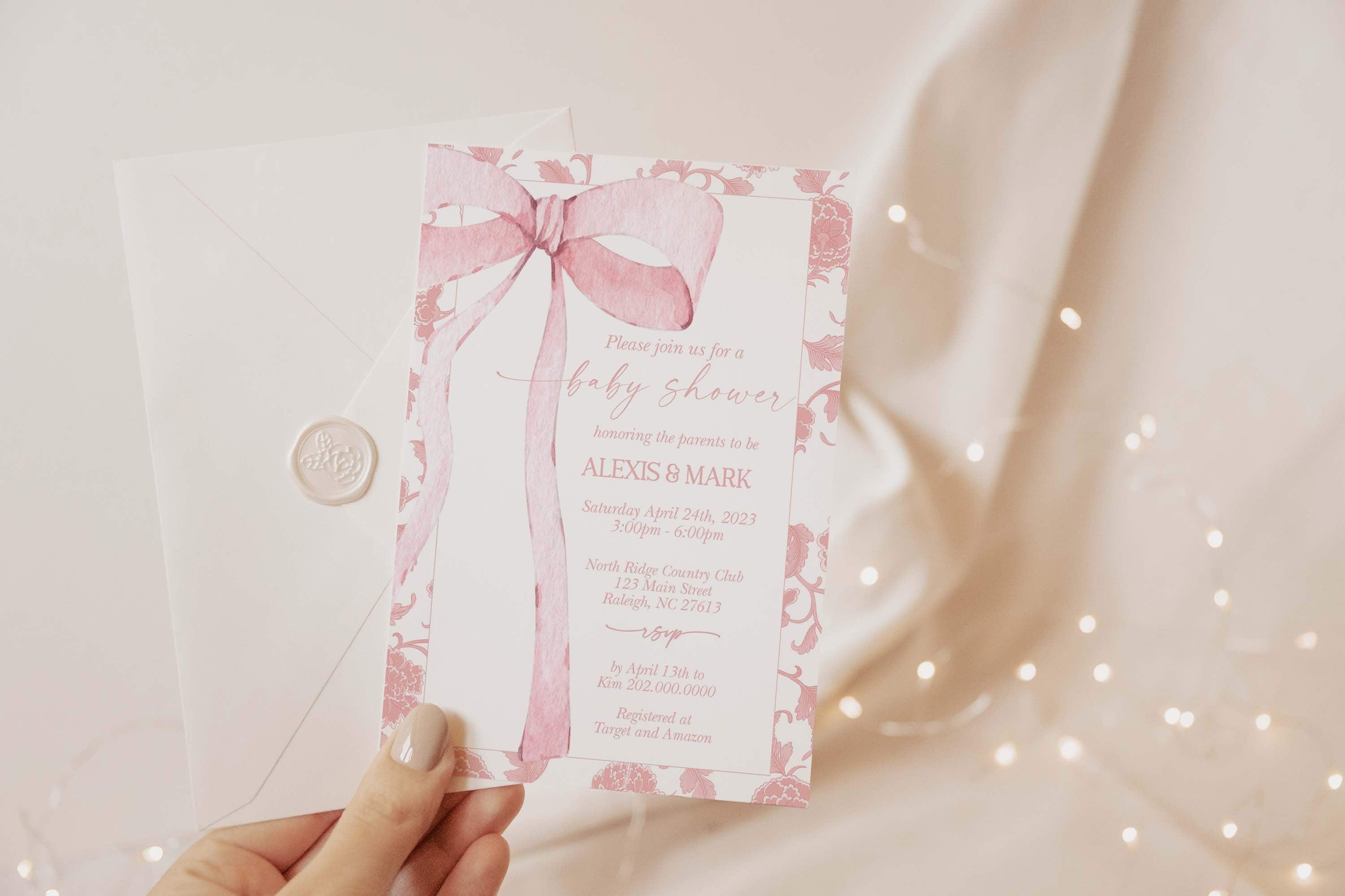 EDITABLE Pink Bow Invitation for Baby Shower Minimalist Baby Shower ...
