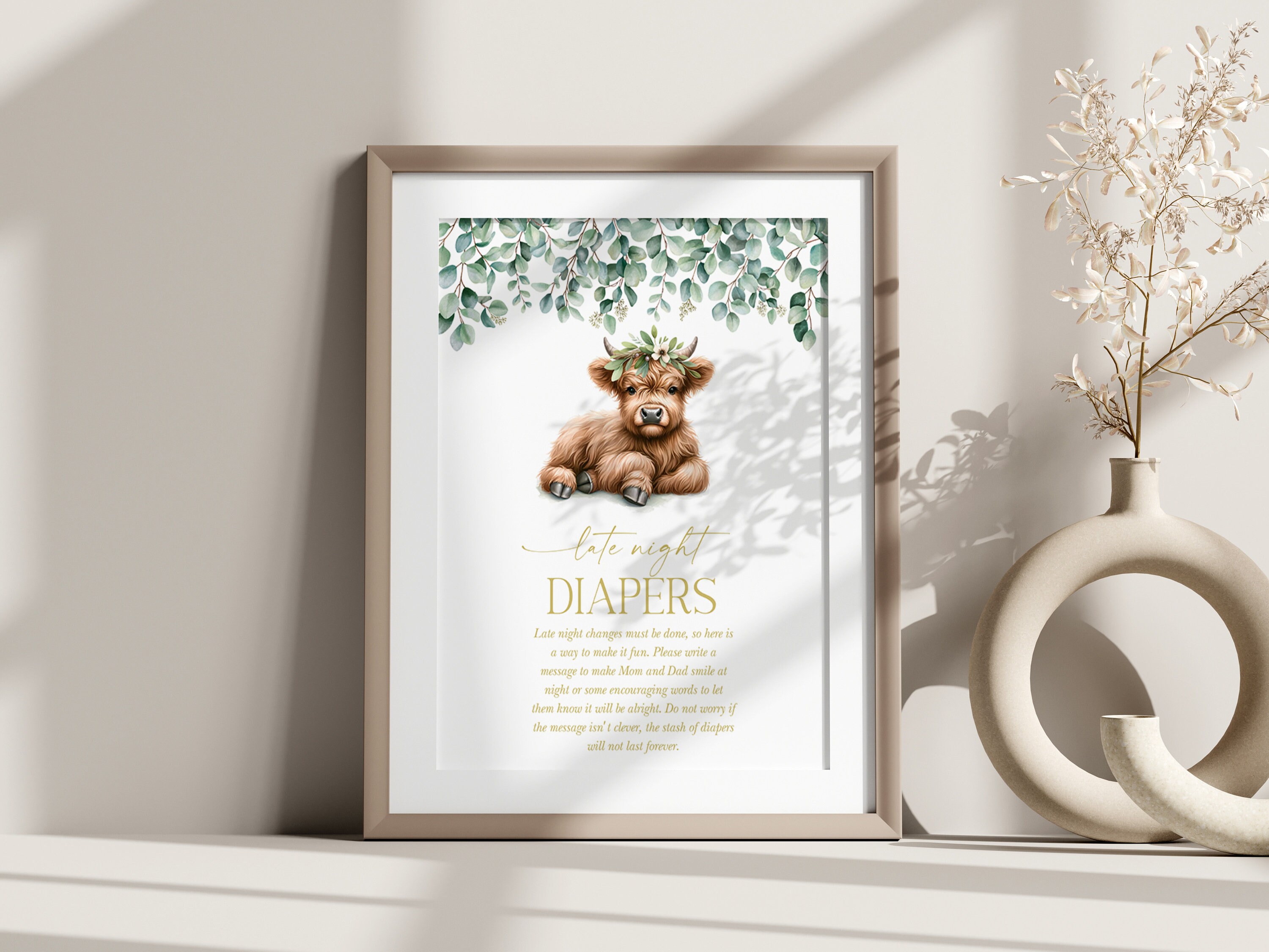 PRINTABLE Boho Highland Cow Late Night Diapers Sign for Baby Shower ...